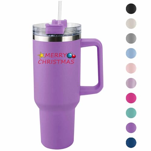 LB LEOBON 40 ounce insulated cup with handle, double-layer vacuum stainless steel material, equipped with straw, can keep warm or maintain cold drinks Merry Christmas Stars Balls Deep purple
