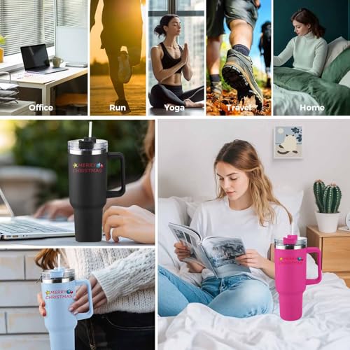 LB LEOBON 40 ounce insulated cup with handle, double-layer vacuum stainless steel material, equipped with straw, can keep warm or maintain cold drinks Merry Christmas Stars Balls Deep purple
