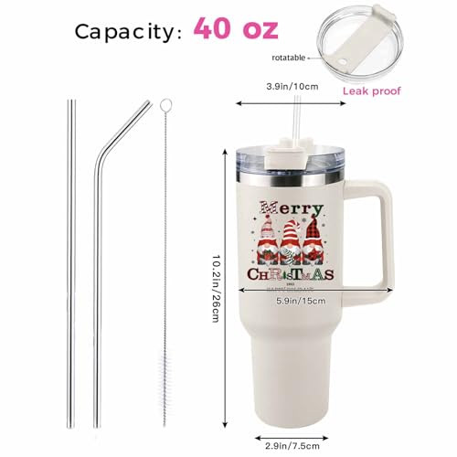 LB LEOBON 40 ounce insulated cup with handle, double-layer vacuum stainless steel material, equipped with straw, can keep warm or maintain cold drinks Christmas Text Gnome white