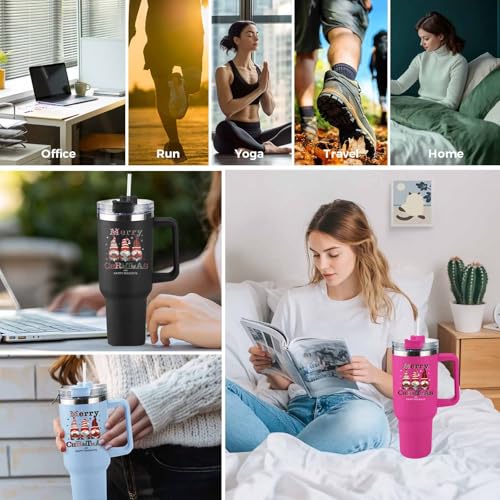 LB LEOBON 40 ounce insulated cup with handle, double-layer vacuum stainless steel material, equipped with straw, can keep warm or maintain cold drinks Christmas Text Gnome white