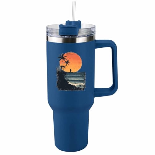 LB LEOBON 40 ounce insulated cup with handle, double-layer vacuum stainless steel material, equipped with straw, can keep warm or maintain cold drinks Neone Poppe Sunset 2 Cowboy Blue