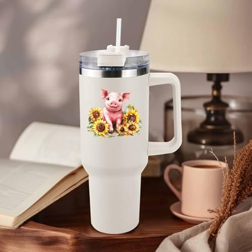 LB LEOBON 40 ounce insulated cup with handle, double-layer vacuum stainless steel material, equipped with straw, can keep warm or maintain cold drinks Pink Pig Sunflower white