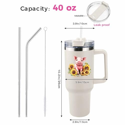 LB LEOBON 40 ounce insulated cup with handle, double-layer vacuum stainless steel material, equipped with straw, can keep warm or maintain cold drinks Pink Pig Sunflower white