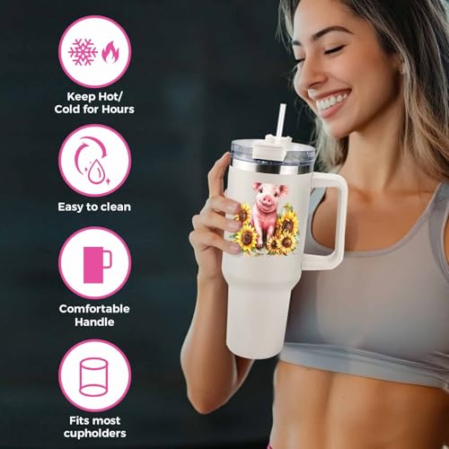 LB LEOBON 40 ounce insulated cup with handle, double-layer vacuum stainless steel material, equipped with straw, can keep warm or maintain cold drinks Pink Pig Sunflower white