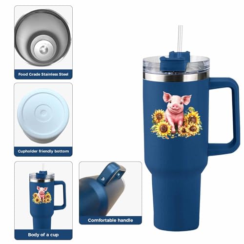 LB LEOBON 40 ounce insulated cup with handle, double-layer vacuum stainless steel material, equipped with straw, can keep warm or maintain cold drinks Pink Pig Sunflower white