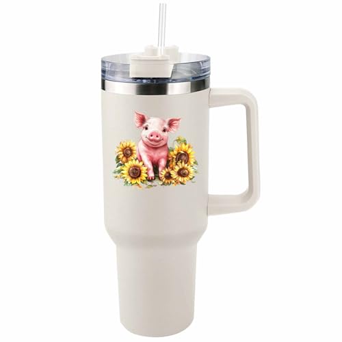LB LEOBON 40 ounce insulated cup with handle, double-layer vacuum stainless steel material, equipped with straw, can keep warm or maintain cold drinks Pink Pig Sunflower white