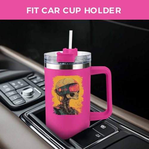 LB LEOBON 40 ounce insulated cup with handle, double-layer vacuum stainless steel material, equipped with straw, can keep warm or maintain cold drinks Neone Poppe Skeletons 3 Bright pink