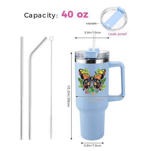LB LEOBON 40 ounce insulated cup with handle, double-layer vacuum stainless steel material, equipped with straw, can keep warm or maintain cold drinks Butterfly Flowers 2 wathet
