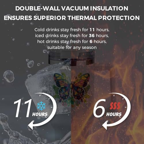 LB LEOBON 40 ounce insulated cup with handle, double-layer vacuum stainless steel material, equipped with straw, can keep warm or maintain cold drinks Butterfly Flowers 2 wathet