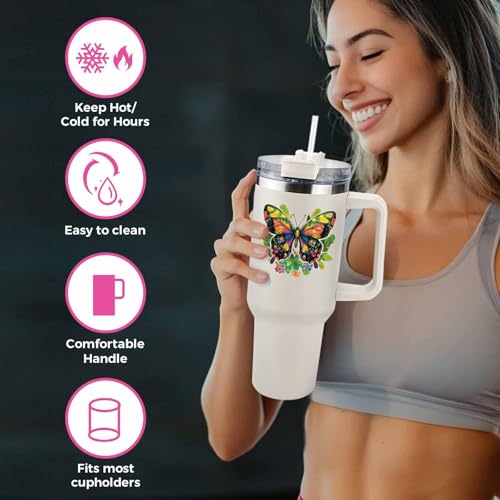 LB LEOBON 40 ounce insulated cup with handle, double-layer vacuum stainless steel material, equipped with straw, can keep warm or maintain cold drinks Butterfly Flowers 2 wathet