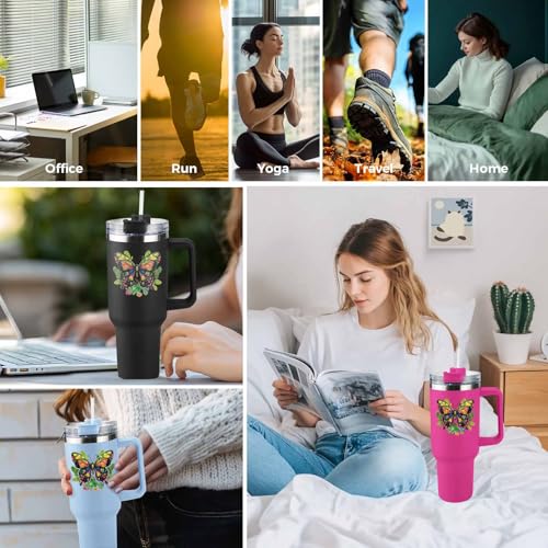 LB LEOBON 40 ounce insulated cup with handle, double-layer vacuum stainless steel material, equipped with straw, can keep warm or maintain cold drinks Butterfly Flowers 2 wathet