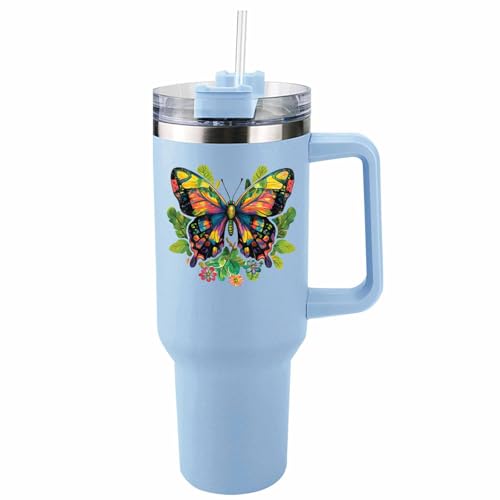 LB LEOBON 40 ounce insulated cup with handle, double-layer vacuum stainless steel material, equipped with straw, can keep warm or maintain cold drinks Butterfly Flowers 2 wathet