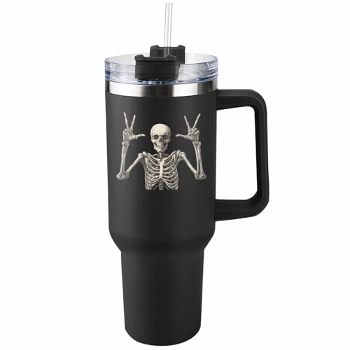 LB LEOBON 40 ounce insulated cup with handle, double-layer vacuum stainless steel material, equipped with straw, can keep warm or maintain cold drinks Funny Skeleton black