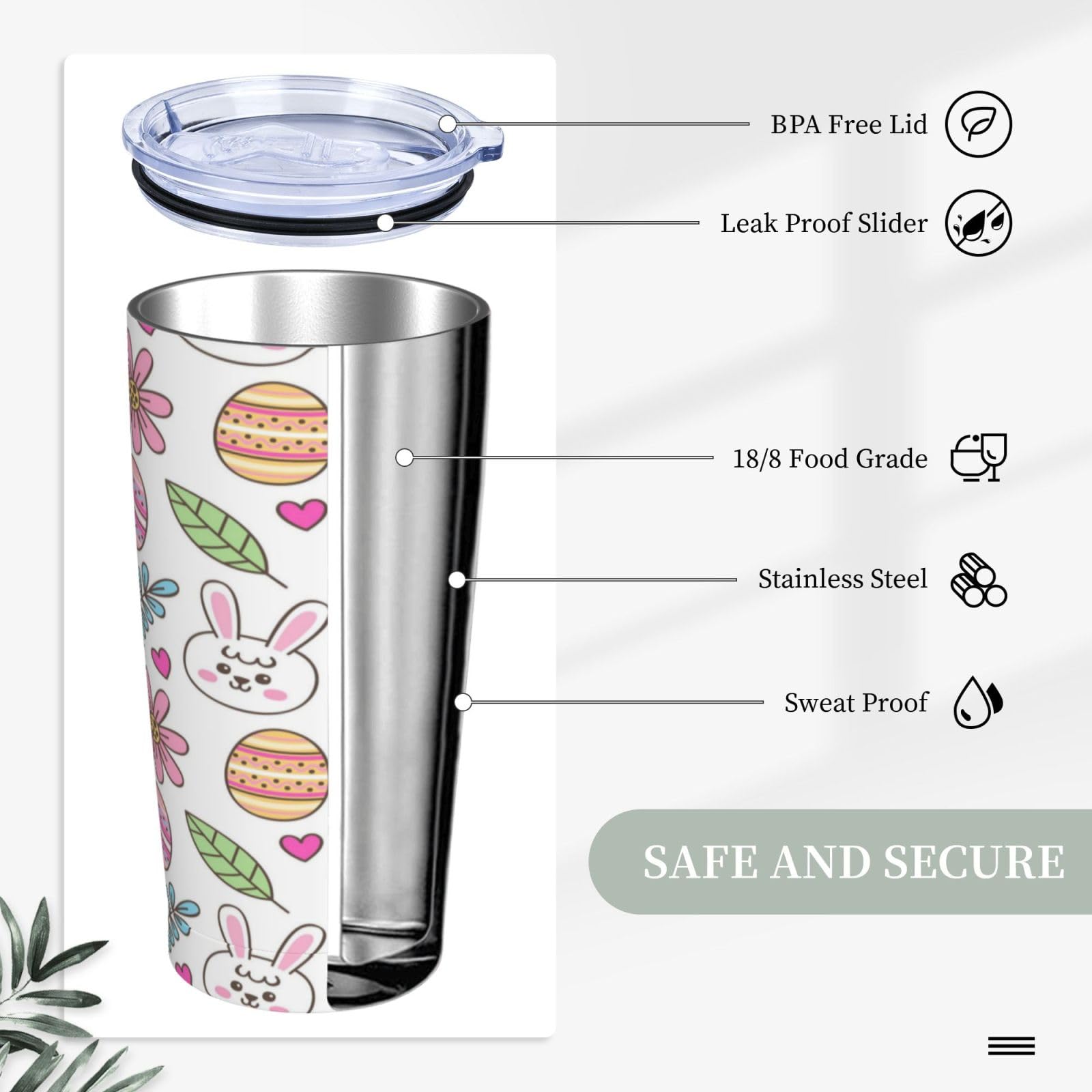 ayvcxui plants flower with easter eggs Stainless Steel Insulated Tumbler 20 Oz Water Bottle Coffee Mug Coffee Mug With Lid Straw Gifts