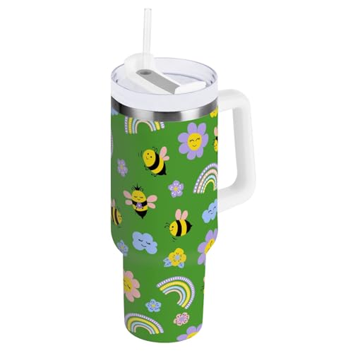 CIJEMAPW Bees Rainbow Insulated Tumblers Clouds Flowers 40 oz Water Bottles Travel Mug with Handle and Straw Lid Leakproof School Work Outdoor for Women & Men