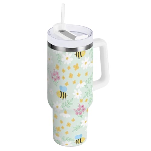 CIJEMAPW Cute Bees Among Flowers Insulated Tumblers Cartoon 30 oz Water Bottles Travel Mug with Handle and Straw Lid Leakproof School Work Outdoor for Women & Men
