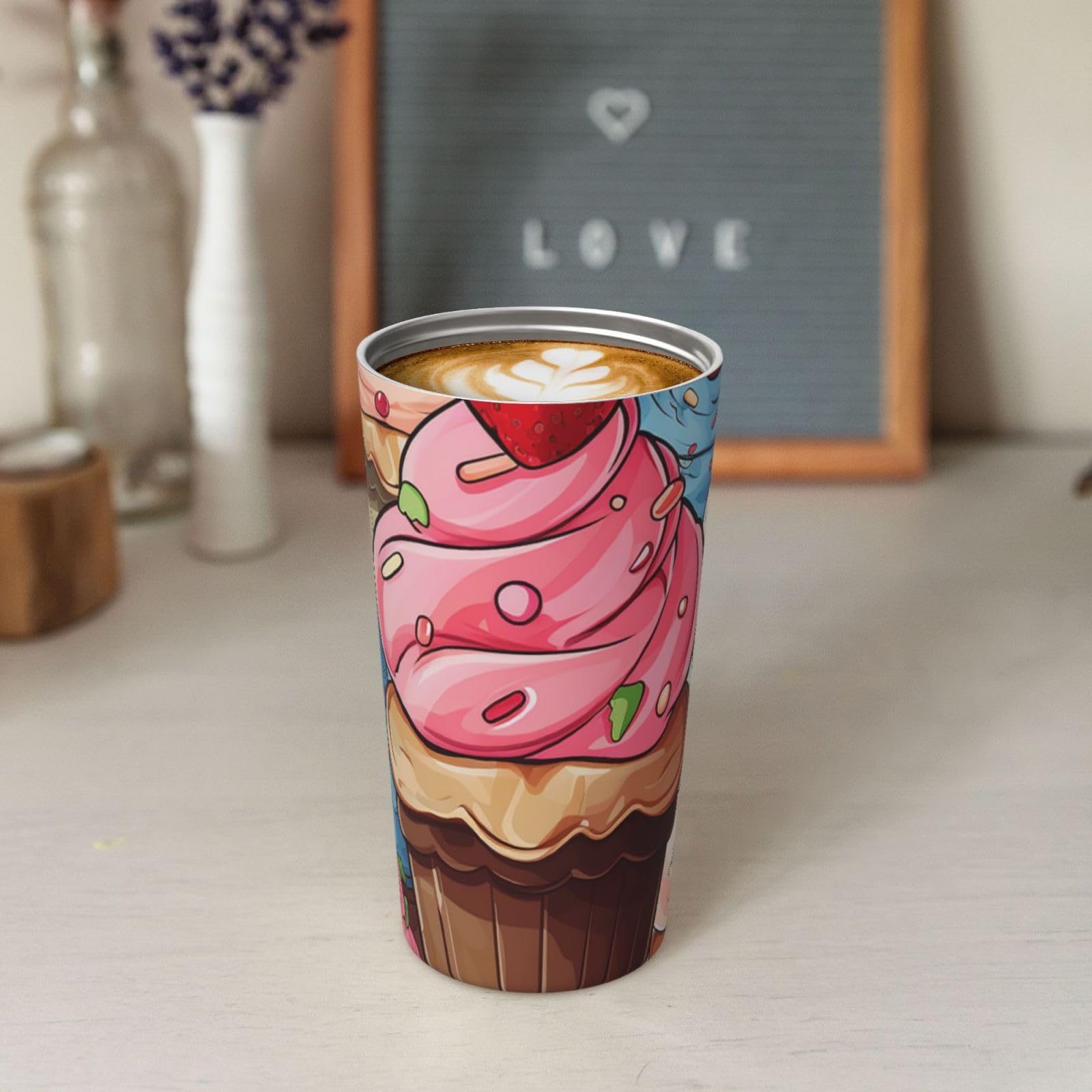 GTKSYNVE Reusable Coffee Mug with Lid and Handle, Cupcakes And Ice Cream Tumbler for Hot & Cold Drinks 16oz Stainless Steel Insulated Coffee Tumblers Double Wall Vacuum Thermal Cup