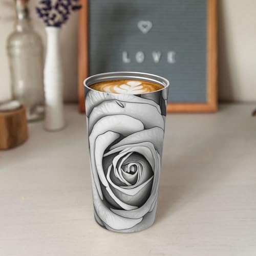 GTKSYNVE Reusable Coffee Mug with Lid and Handle, Black White Rose Tumbler for Hot & Cold Drinks 16oz Stainless Steel Insulated Coffee Tumblers Double Wall Vacuum Thermal Cup