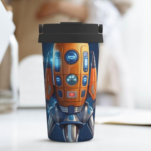 GTKSYNVE Reusable Coffee Mug with Lid and Handle, Cartoon Spaceship Rocket Tumbler for Hot & Cold Drinks 16oz Stainless Steel Insulated Coffee Tumblers Double Wall Vacuum Thermal Cup