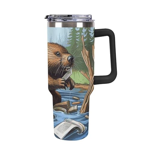 LLUTSNTH 40 Oz Vacuum Tumbler with Black Handle Leakproof Insulated Tumbler Busy Beaver Cartoon Stainless Steel Travel Mug with Lid And Straw Coffee Cup Cute Water Bottles Cup Holder Friendly