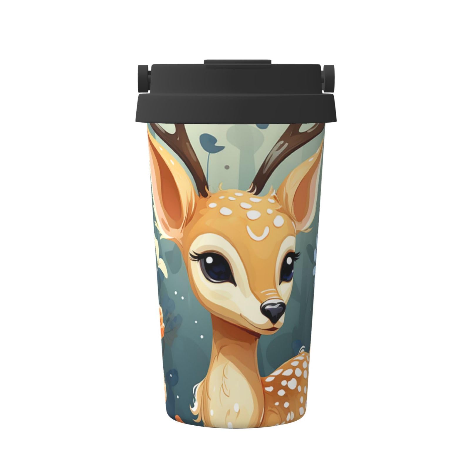 GTKSYNVE Reusable Coffee Mug with Lid and Handle, Cartoon Deer Flower Tumbler for Hot & Cold Drinks 16oz Stainless Steel Insulated Coffee Tumblers Double Wall Vacuum Thermal Cup