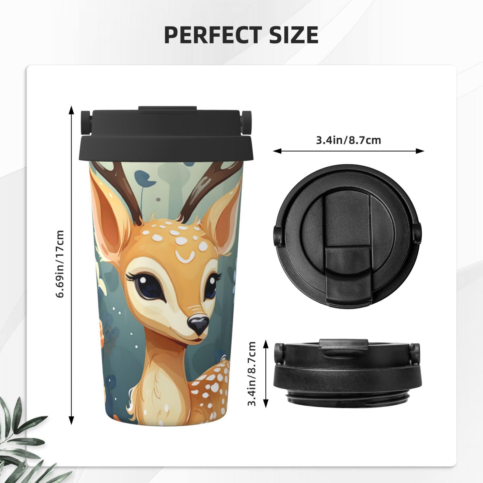 GTKSYNVE Reusable Coffee Mug with Lid and Handle, Cartoon Deer Flower Tumbler for Hot & Cold Drinks 16oz Stainless Steel Insulated Coffee Tumblers Double Wall Vacuum Thermal Cup
