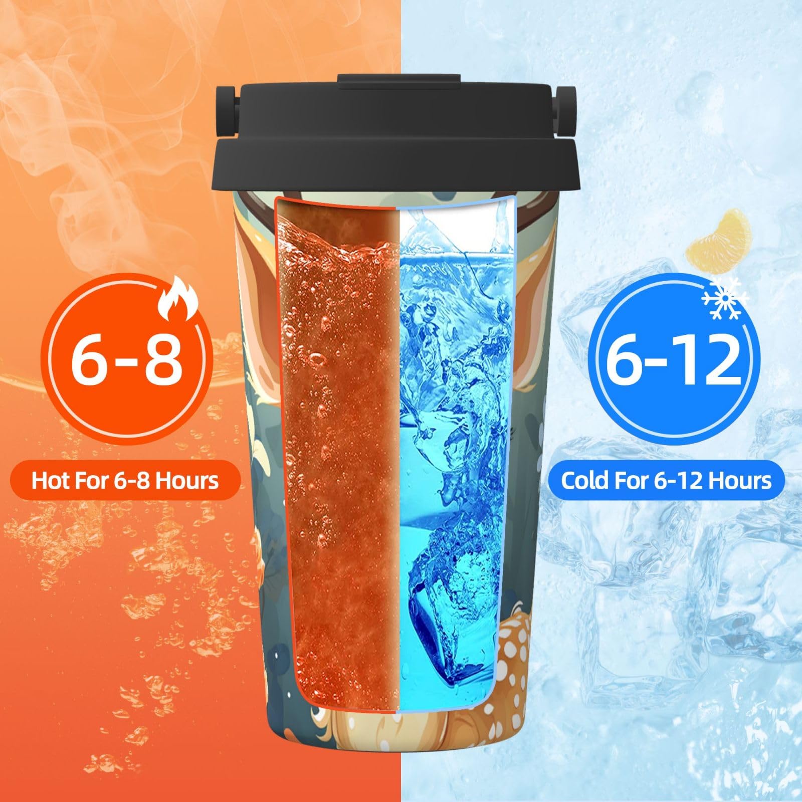 GTKSYNVE Reusable Coffee Mug with Lid and Handle, Cartoon Deer Flower Tumbler for Hot & Cold Drinks 16oz Stainless Steel Insulated Coffee Tumblers Double Wall Vacuum Thermal Cup