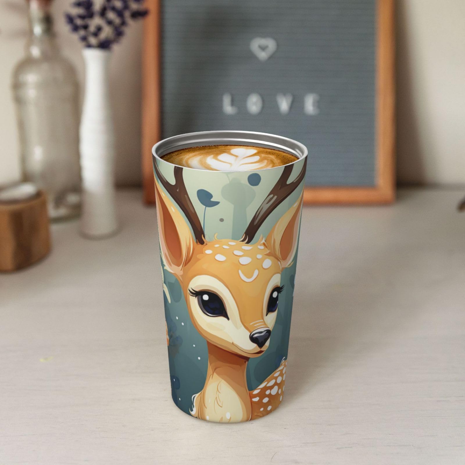 GTKSYNVE Reusable Coffee Mug with Lid and Handle, Cartoon Deer Flower Tumbler for Hot & Cold Drinks 16oz Stainless Steel Insulated Coffee Tumblers Double Wall Vacuum Thermal Cup