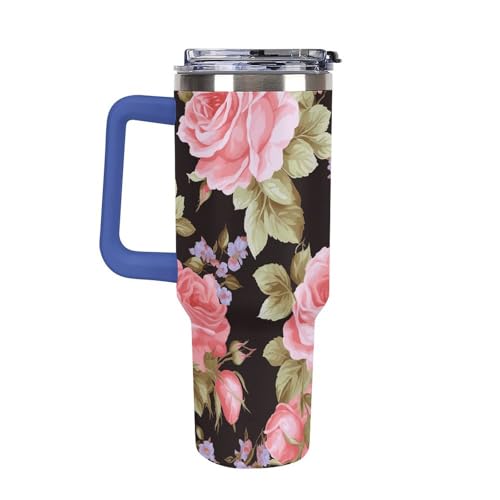 LLUTSNTH 40 Oz Vacuum Tumbler with Deep Blue Handle Leakproof Insulated Tumbler Pink Rose Stainless Steel Travel Mug with Lid And Straw Coffee Cup Cute Water Bottles Cup Holder Friendly