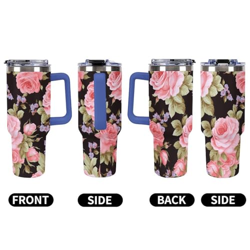 LLUTSNTH 40 Oz Vacuum Tumbler with Deep Blue Handle Leakproof Insulated Tumbler Pink Rose Stainless Steel Travel Mug with Lid And Straw Coffee Cup Cute Water Bottles Cup Holder Friendly