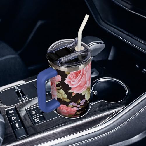 LLUTSNTH 40 Oz Vacuum Tumbler with Deep Blue Handle Leakproof Insulated Tumbler Pink Rose Stainless Steel Travel Mug with Lid And Straw Coffee Cup Cute Water Bottles Cup Holder Friendly