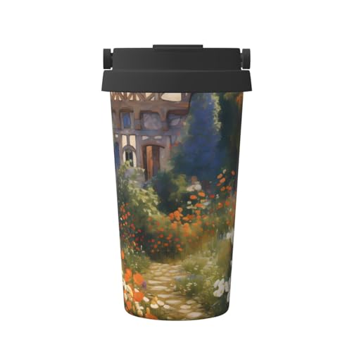 GTKSYNVE Reusable Coffee Mug with Lid and Handle, Cottage Garden Tumbler for Hot & Cold Drinks 16oz Stainless Steel Insulated Coffee Tumblers Double Wall Vacuum Thermal Cup