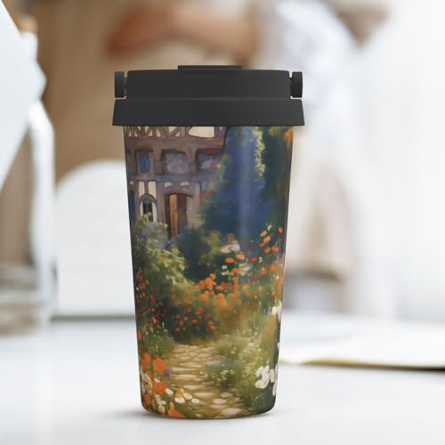 GTKSYNVE Reusable Coffee Mug with Lid and Handle, Cottage Garden Tumbler for Hot & Cold Drinks 16oz Stainless Steel Insulated Coffee Tumblers Double Wall Vacuum Thermal Cup