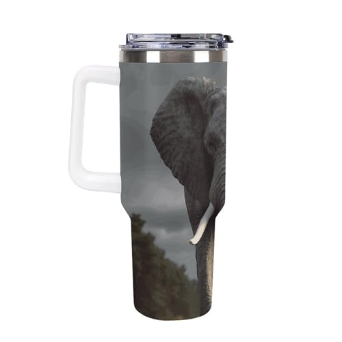 LLUTSNTH 40 Oz Vacuum Tumbler with White Handle Leakproof Insulated Tumbler 3D Elephant Stainless Steel Travel Mug with Lid And Straw Coffee Cup Cute Water Bottles Cup Holder Friendly
