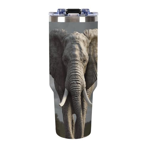 LLUTSNTH 40 Oz Vacuum Tumbler with White Handle Leakproof Insulated Tumbler 3D Elephant Stainless Steel Travel Mug with Lid And Straw Coffee Cup Cute Water Bottles Cup Holder Friendly