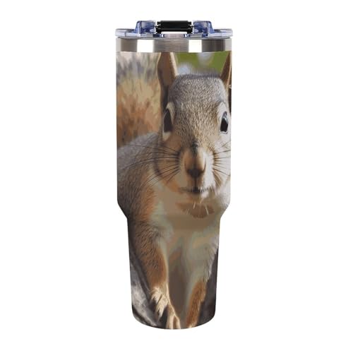 LLUTSNTH 40 Oz Vacuum Tumbler with Deep Blue Handle Leakproof Insulated Tumbler Squirrel in The Tree Stainless Steel Travel Mug with Lid And Straw Coffee Cup Cute Water Bottles Cup Holder Friendly