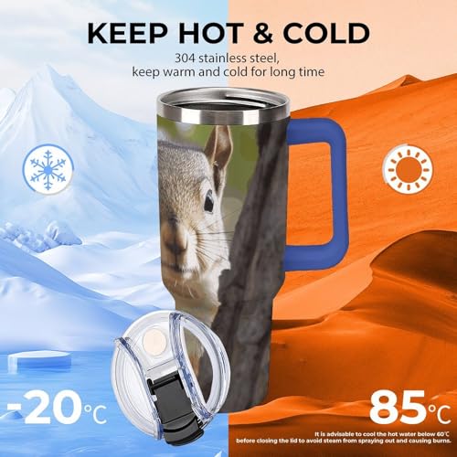 LLUTSNTH 40 Oz Vacuum Tumbler with Deep Blue Handle Leakproof Insulated Tumbler Squirrel in The Tree Stainless Steel Travel Mug with Lid And Straw Coffee Cup Cute Water Bottles Cup Holder Friendly