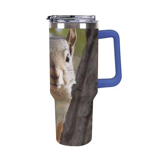 LLUTSNTH 40 Oz Vacuum Tumbler with Deep Blue Handle Leakproof Insulated Tumbler Squirrel in The Tree Stainless Steel Travel Mug with Lid And Straw Coffee Cup Cute Water Bottles Cup Holder Friendly