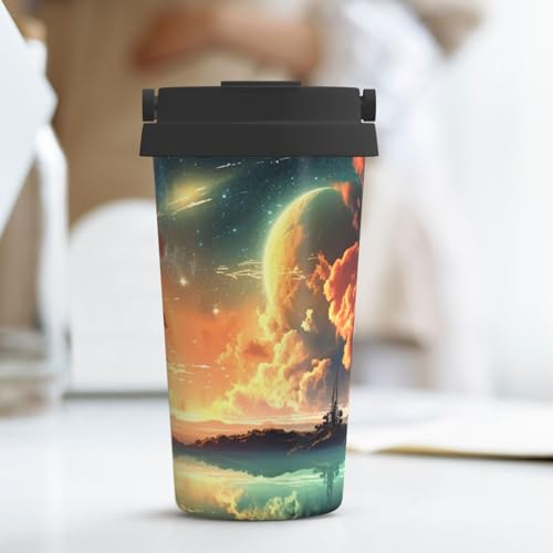 GTKSYNVE Reusable Coffee Mug with Lid and Handle, Anime Sky Tumbler for Hot & Cold Drinks 16oz Stainless Steel Insulated Coffee Tumblers Double Wall Vacuum Thermal Cup
