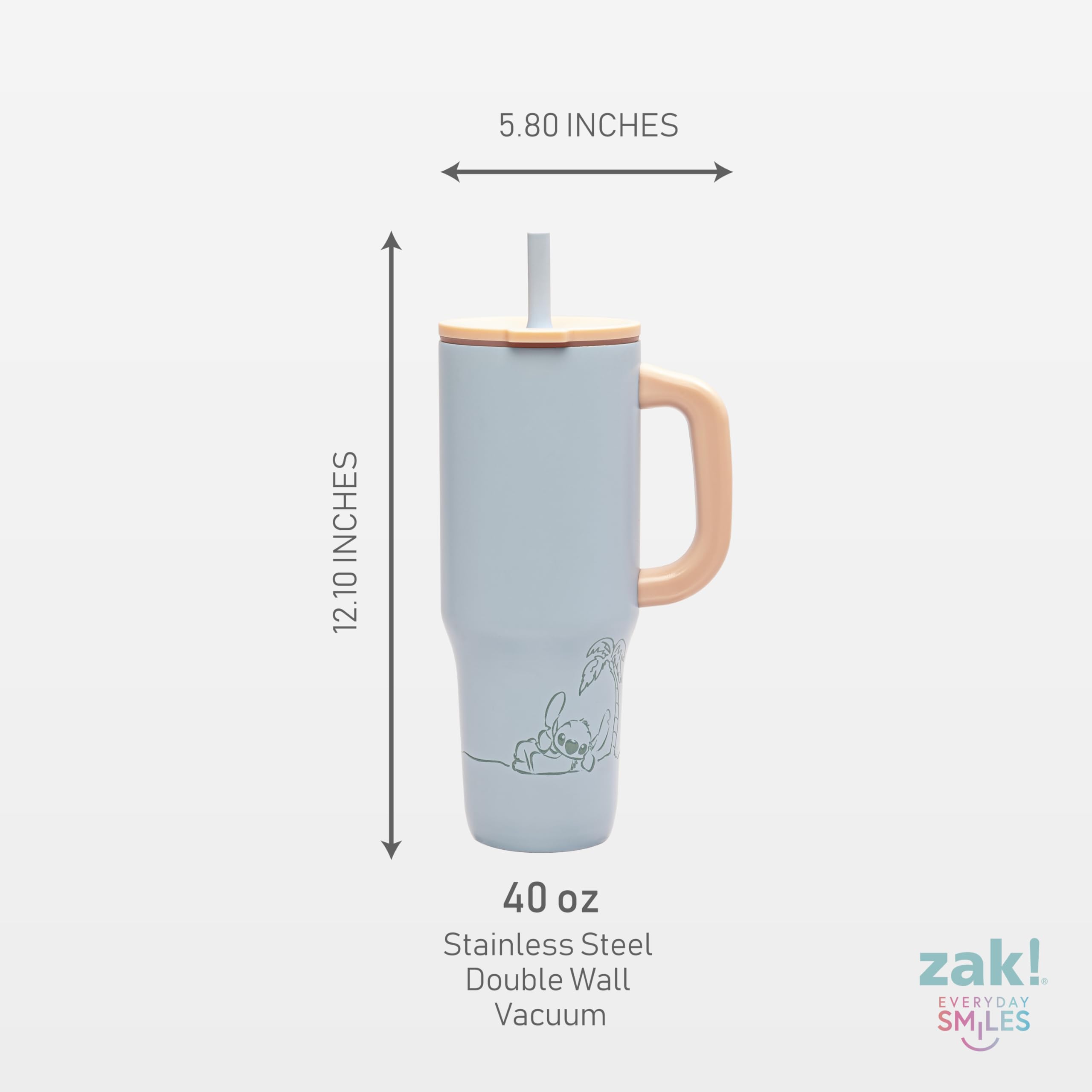 Zak Designs Disney Sutton Travel Tumbler for On the Go or At Home, 40oz Stainless Steel with Vacuum Insulation, Silicone Straw, Carry Handle, and 3D Artwork for Cold Drinks (Stitch)