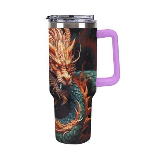 LLUTSNTH 40 Oz Vacuum Tumbler with Violet Handle Leakproof Insulated Tumbler Chinese Dragon Stainless Steel Travel Mug with Lid And Straw Coffee Cup Cute Water Bottles Cup Holder Friendly