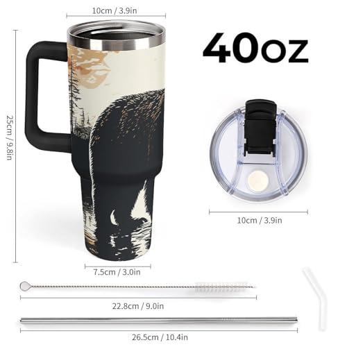 LLUTSNTH 40 Oz Vacuum Tumbler with Black Handle Leakproof Insulated Tumbler Bear Silhouette Stainless Steel Travel Mug with Lid And Straw Coffee Cup Cute Water Bottles Cup Holder Friendly