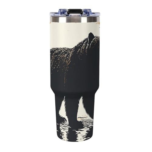 LLUTSNTH 40 Oz Vacuum Tumbler with Black Handle Leakproof Insulated Tumbler Bear Silhouette Stainless Steel Travel Mug with Lid And Straw Coffee Cup Cute Water Bottles Cup Holder Friendly