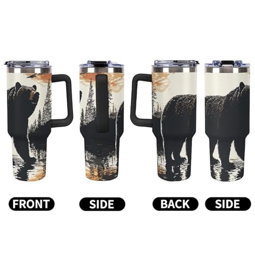 LLUTSNTH 40 Oz Vacuum Tumbler with Black Handle Leakproof Insulated Tumbler Bear Silhouette Stainless Steel Travel Mug with Lid And Straw Coffee Cup Cute Water Bottles Cup Holder Friendly