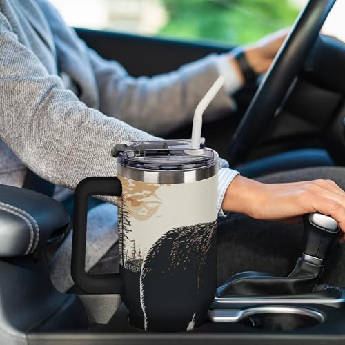 LLUTSNTH 40 Oz Vacuum Tumbler with Black Handle Leakproof Insulated Tumbler Bear Silhouette Stainless Steel Travel Mug with Lid And Straw Coffee Cup Cute Water Bottles Cup Holder Friendly
