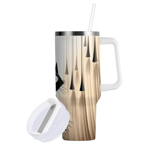 PaChyLuu 30 oz Insulated Tumbler with Handle and Straw Lid, Elegant Cat Leak-Proof Stainless Steel Travel Coffee Mug for Car Cup Holder