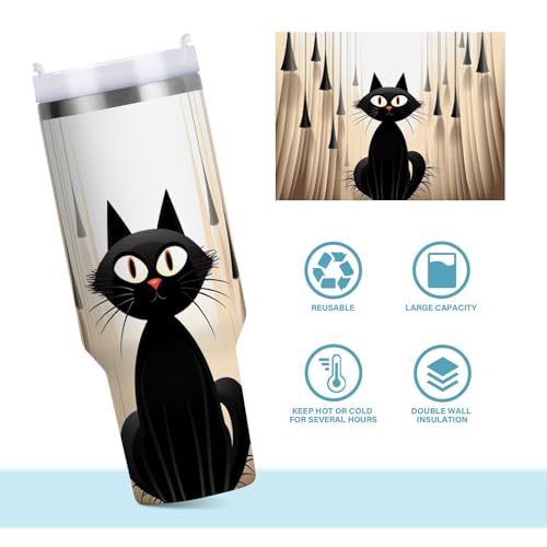 PaChyLuu 30 oz Insulated Tumbler with Handle and Straw Lid, Elegant Cat Leak-Proof Stainless Steel Travel Coffee Mug for Car Cup Holder