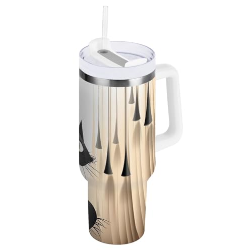PaChyLuu 30 oz Insulated Tumbler with Handle and Straw Lid, Elegant Cat Leak-Proof Stainless Steel Travel Coffee Mug for Car Cup Holder