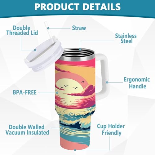 PaChyLuu 30 oz Insulated Tumbler with Handle and Straw Lid, Sunset Beach Lighthouse Leak-Proof Stainless Steel Travel Coffee Mug for Car Cup Holder