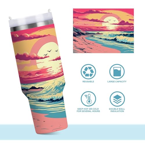 PaChyLuu 30 oz Insulated Tumbler with Handle and Straw Lid, Sunset Beach Lighthouse Leak-Proof Stainless Steel Travel Coffee Mug for Car Cup Holder
